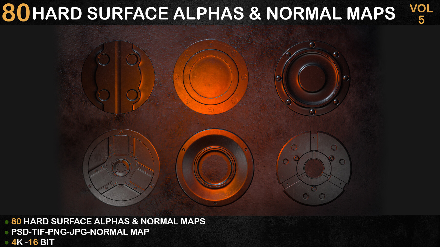 ArtStation - 80 HARD SURFACE ALPHAS & NORMAL MAPS-VOL 5 | Brushes