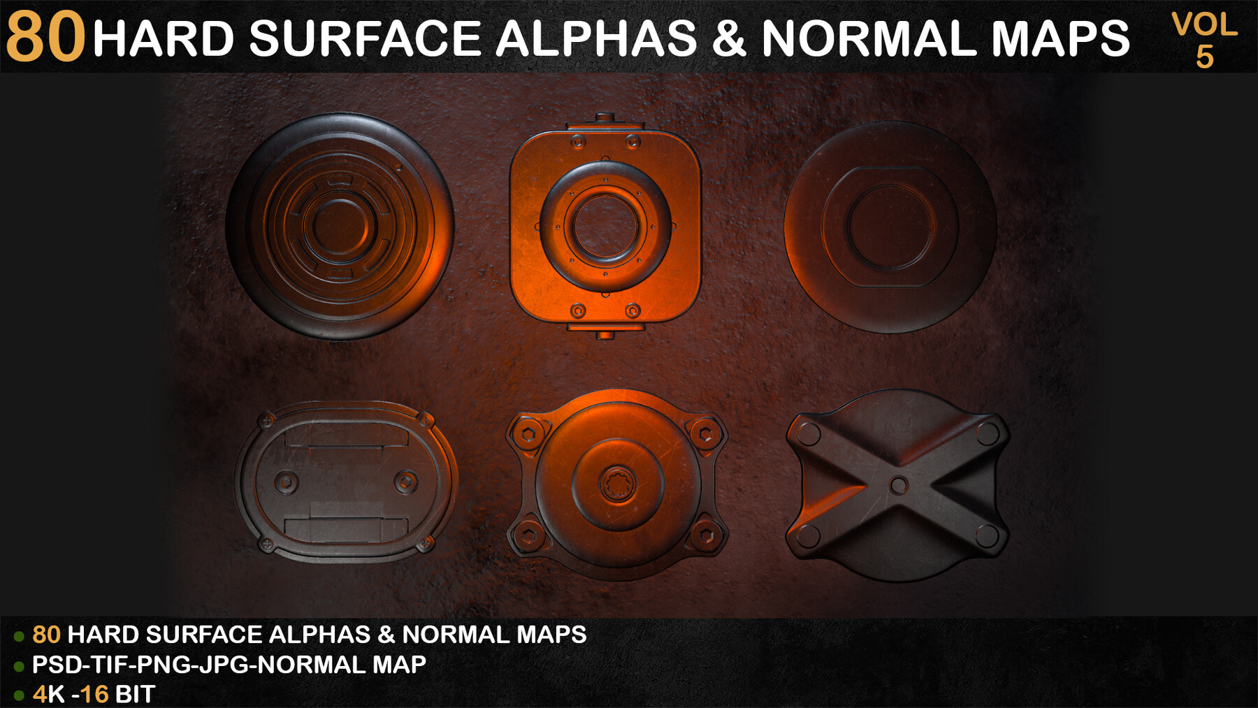 ArtStation - 80 HARD SURFACE ALPHAS & NORMAL MAPS-VOL 5 | Brushes