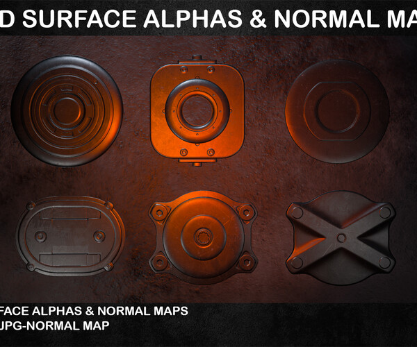 ArtStation - 80 HARD SURFACE ALPHAS & NORMAL MAPS-VOL 5 | Brushes