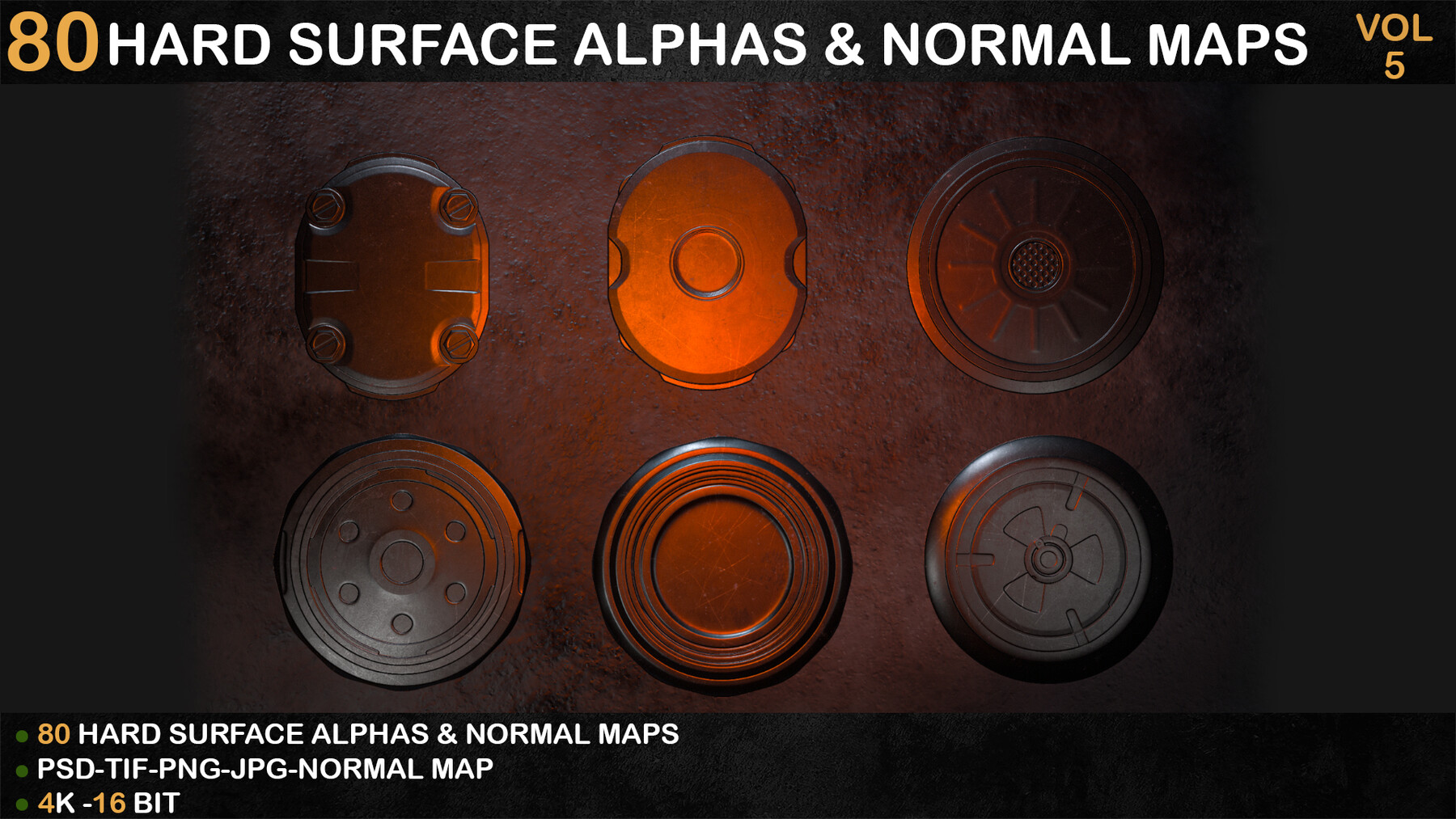 ArtStation - 80 HARD SURFACE ALPHAS & NORMAL MAPS-VOL 5 | Brushes