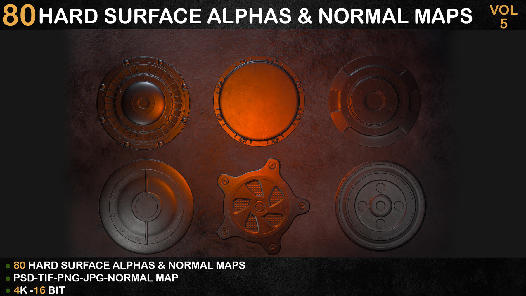 ArtStation - 80 HARD SURFACE ALPHAS & NORMAL MAPS-VOL 5 | Brushes