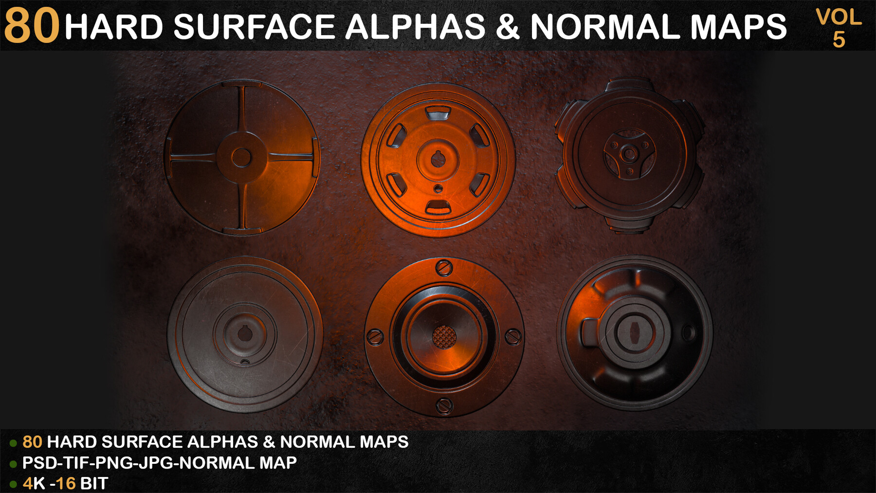 ArtStation - 80 HARD SURFACE ALPHAS & NORMAL MAPS-VOL 5 | Brushes
