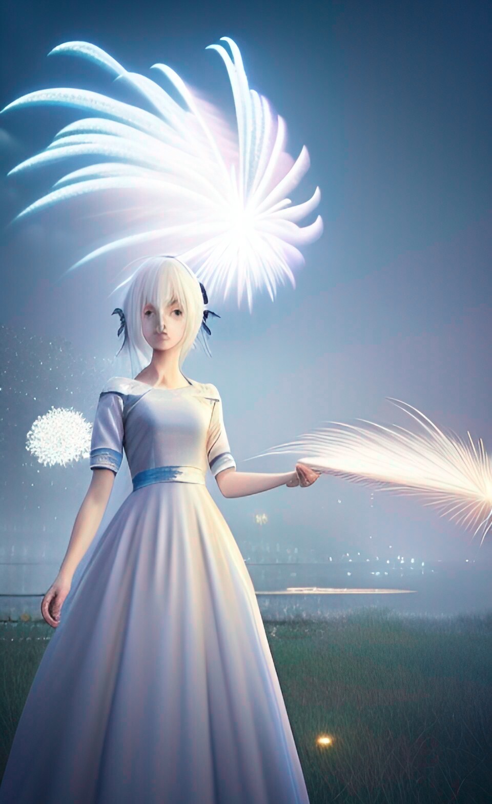 ArtStation - firework festival at riverbank, white hair goddess 6300 ...