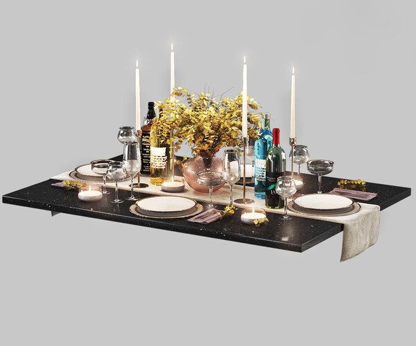 ArtStation - Tableware set03, drinks, plate, branches, bouquet, glasses ...