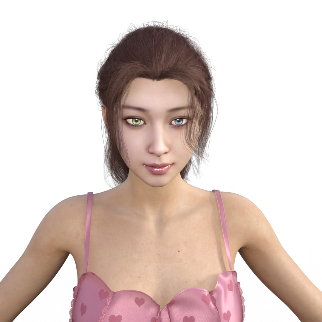 ArtStation - Reizel-Girl with long hair and different pupils in pink dress//blendshape facial ...