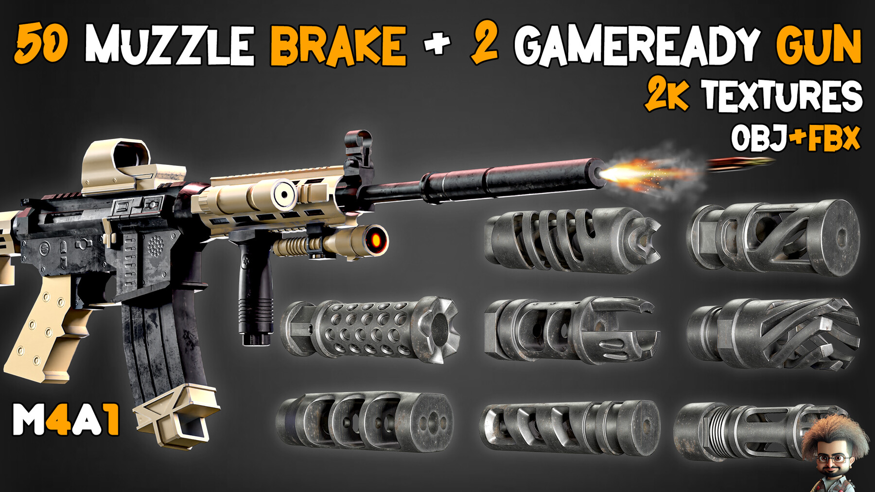 ArtStation - 50 Muzzle Brake + 2 Game Ready Gun + Textures | Game Assets