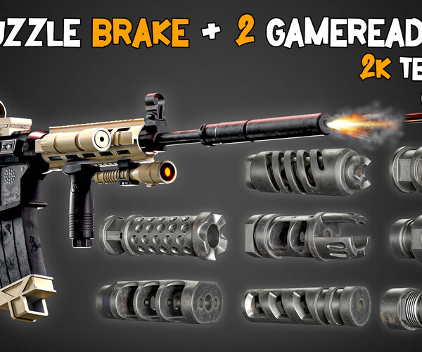 ArtStation - 50 Muzzle Brake + 2 Game Ready Gun + Textures | Game Assets