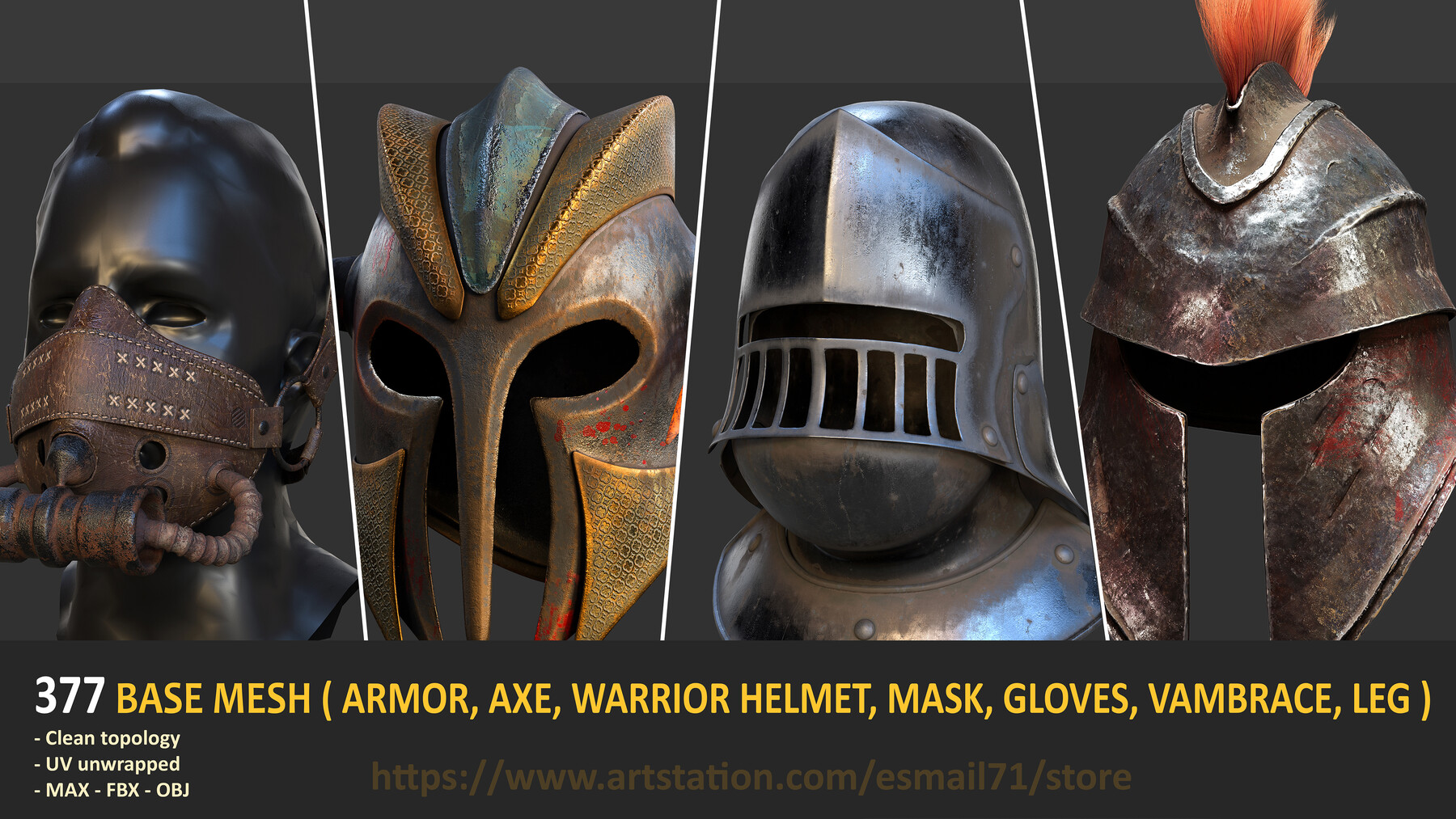 ArtStation - 377 BASE MESH ( ARMOR, AXE, WARRIOR HELMET, MASK, GLOVES ...