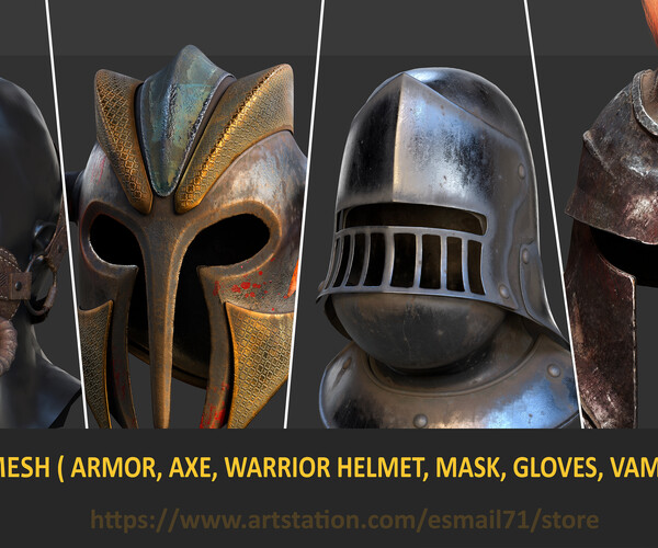 ArtStation - 377 BASE MESH ( ARMOR, AXE, WARRIOR HELMET, MASK, GLOVES ...