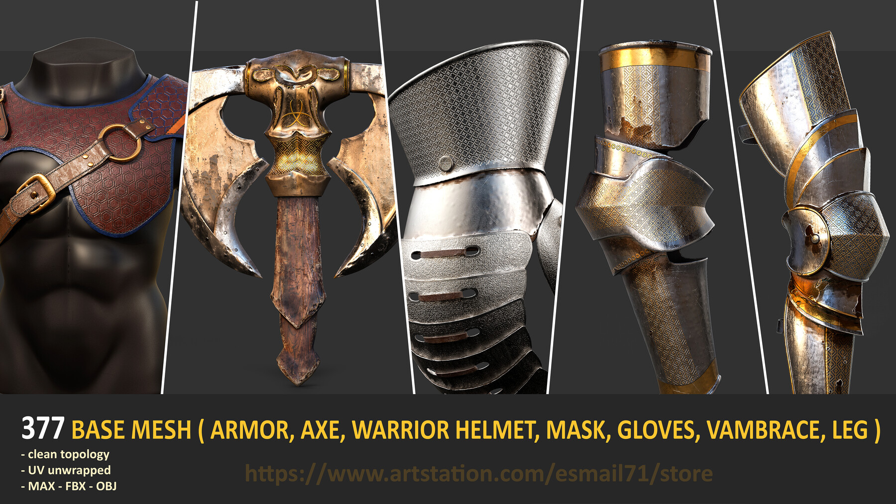 ArtStation - 377 BASE MESH ( ARMOR, AXE, WARRIOR HELMET, MASK, GLOVES ...