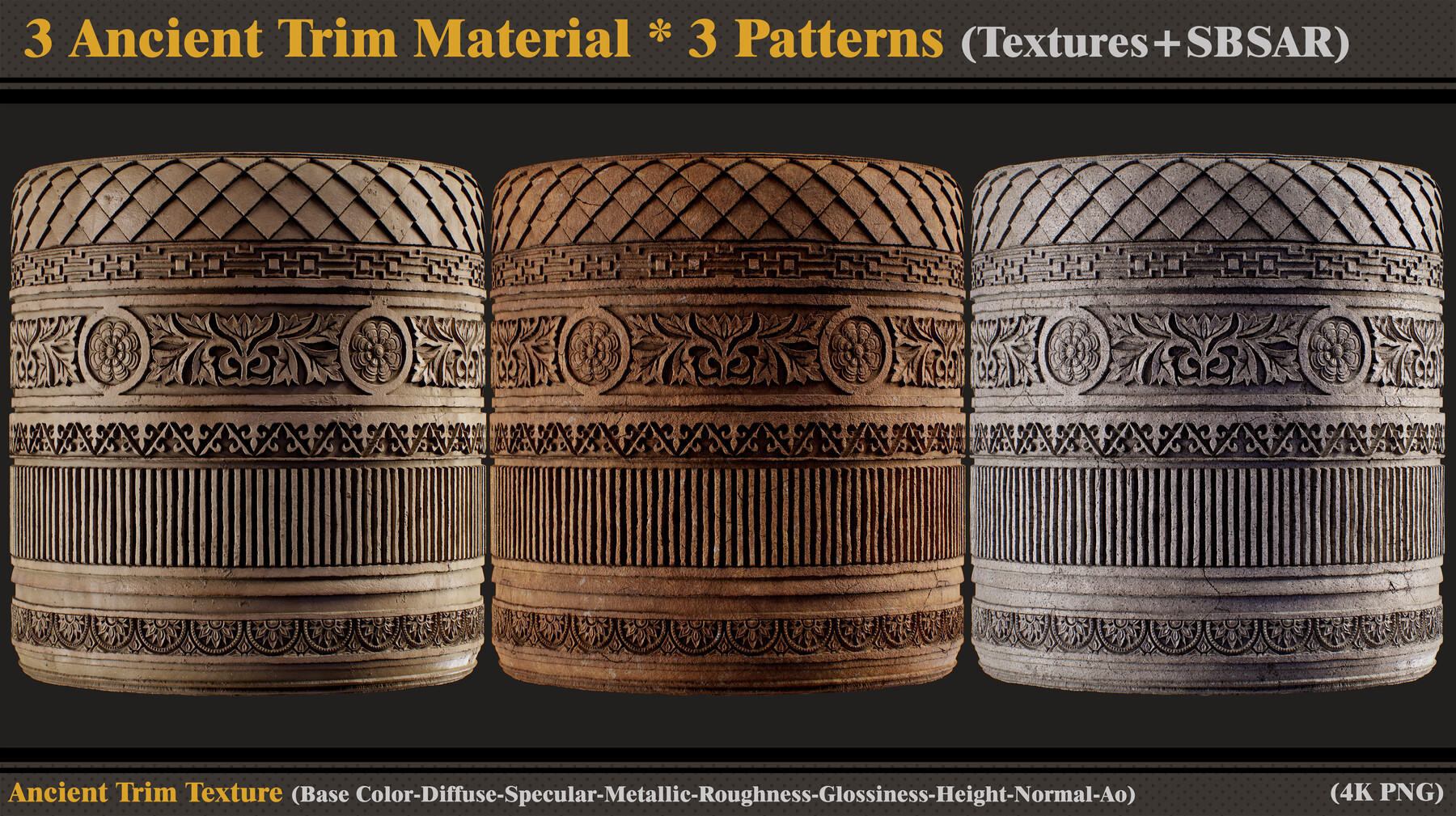 ArtStation - 3 Ancient Trim Materials and 3 Patterns (SBSAR+ PBR ...