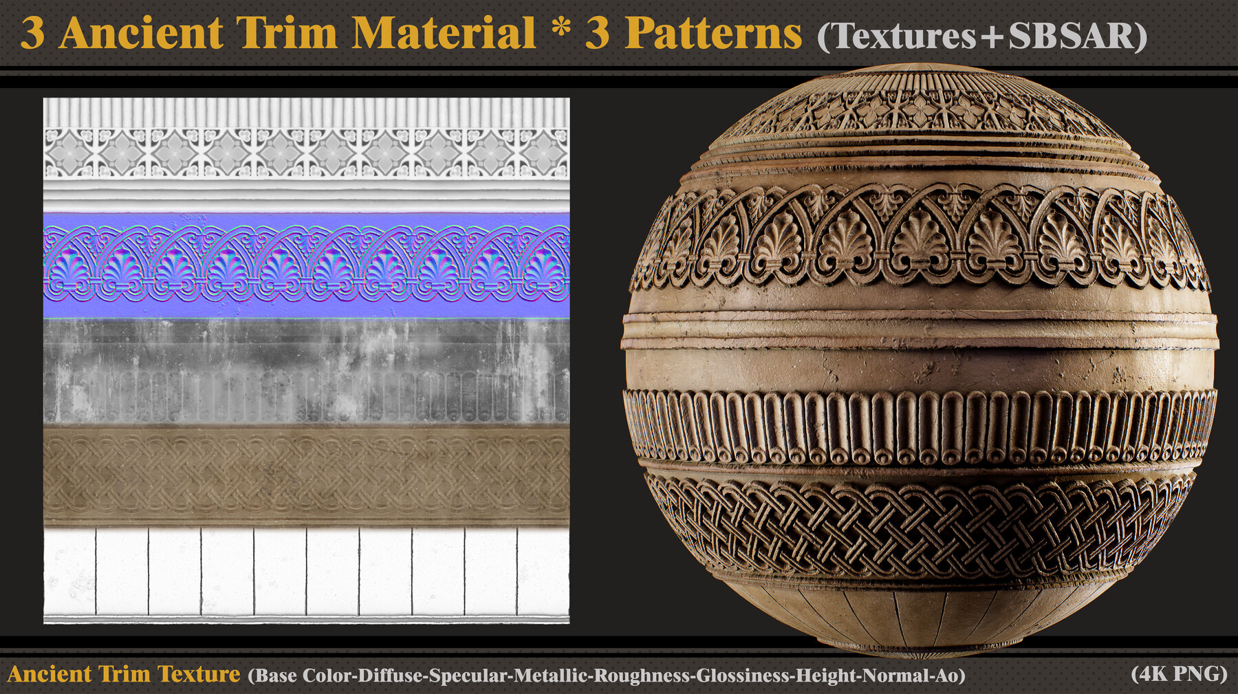 ArtStation - 3 Ancient Trim Materials and 3 Patterns (SBSAR+ PBR ...
