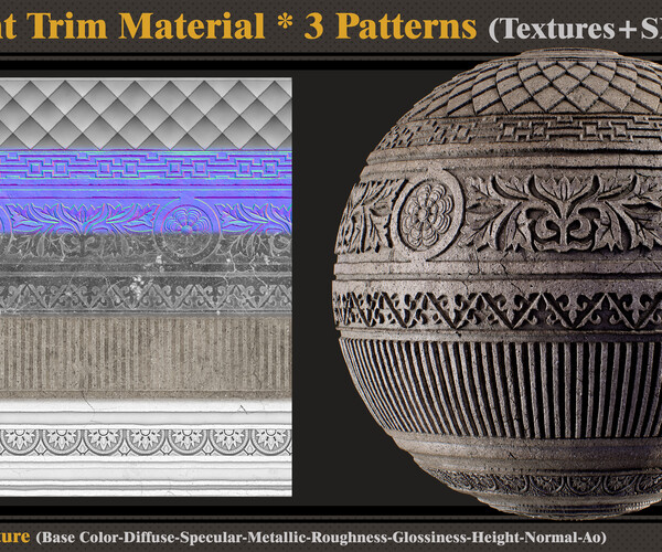 ArtStation - 3 Ancient Trim Materials and 3 Patterns (SBSAR+ PBR ...