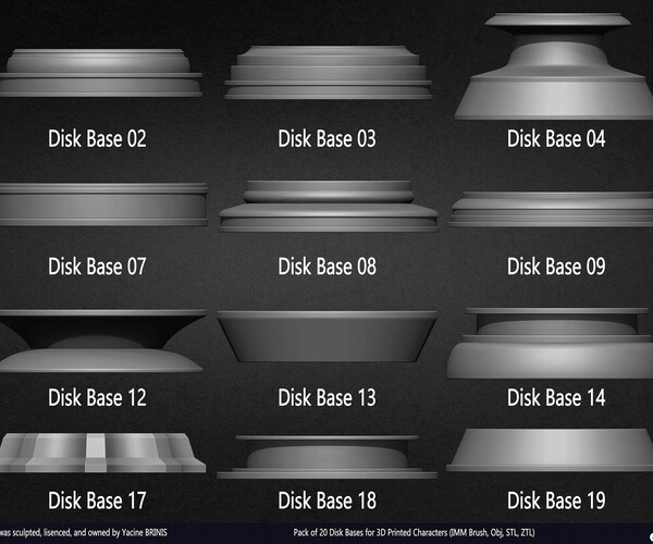 ArtStation - Pack of 20 Disk Bases (IMM Brush, Obj, STL, ZTL) Vol 01 | Brushes