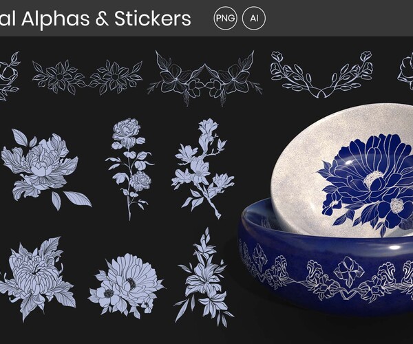 ArtStation - 140 Floral Alphas and Stickers | Brushes