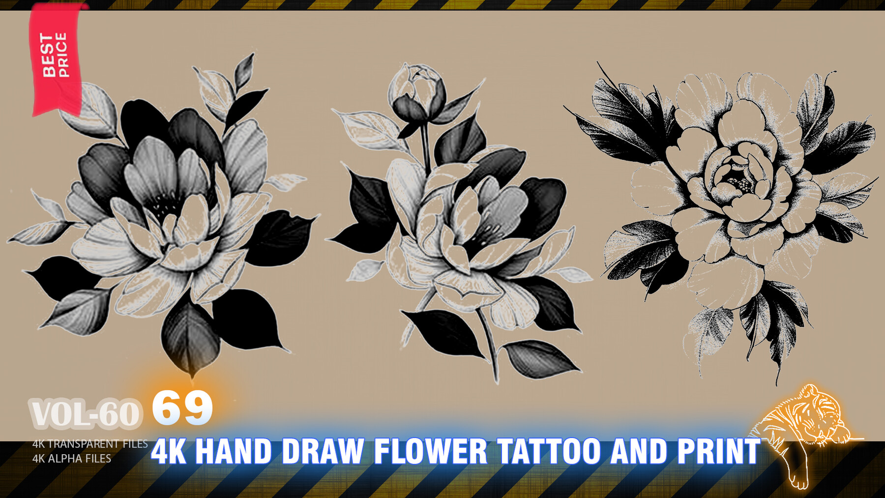 ArtStation - 69 4K HAND DRAW FLOWERS TATTOO AND PRINT (TRANSPARENT ...