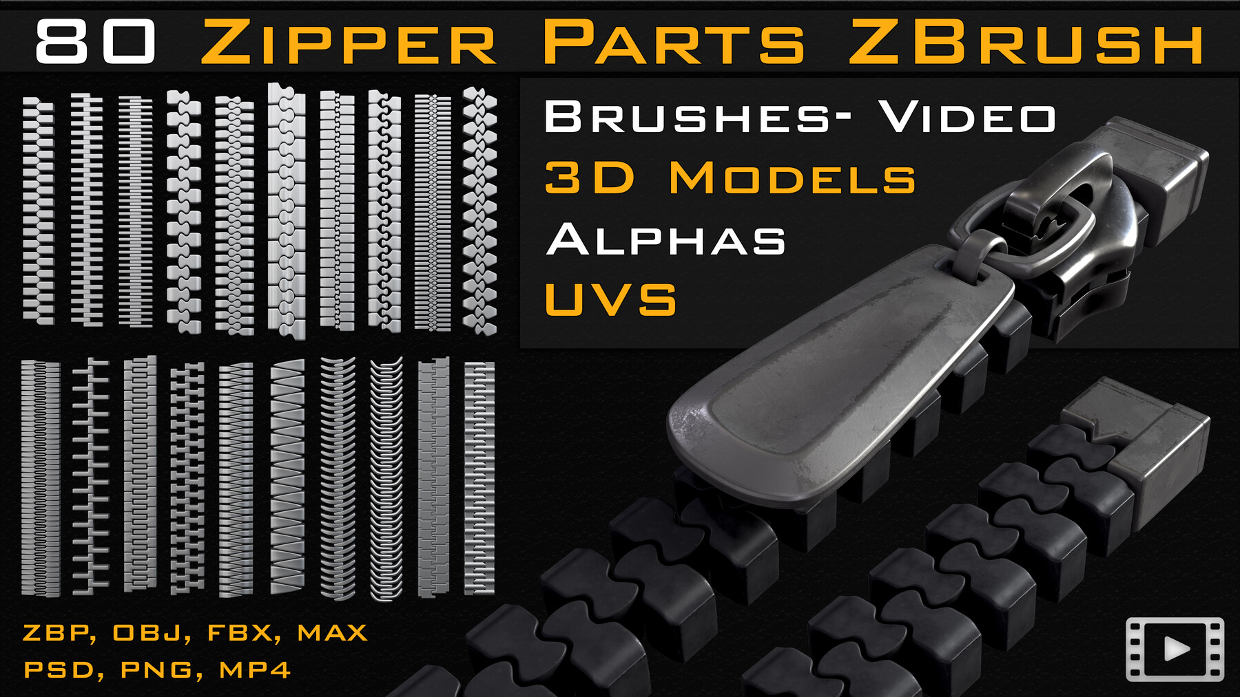 ArtStation - 80 zipper parts_Zbrush Brushes (IMM_STD)_ 3D Models (obj ...