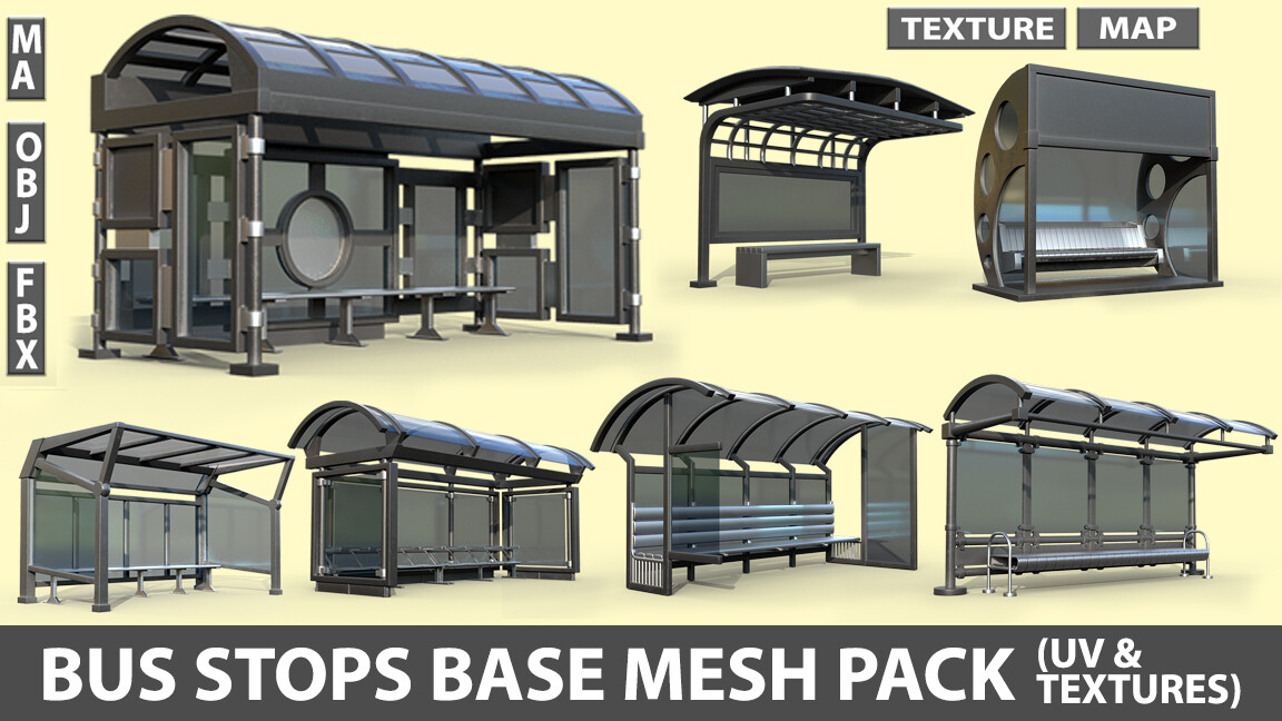 ArtStation - 25 Bus Stop Base Mesh Pack with UVs and Textures | Game Assets