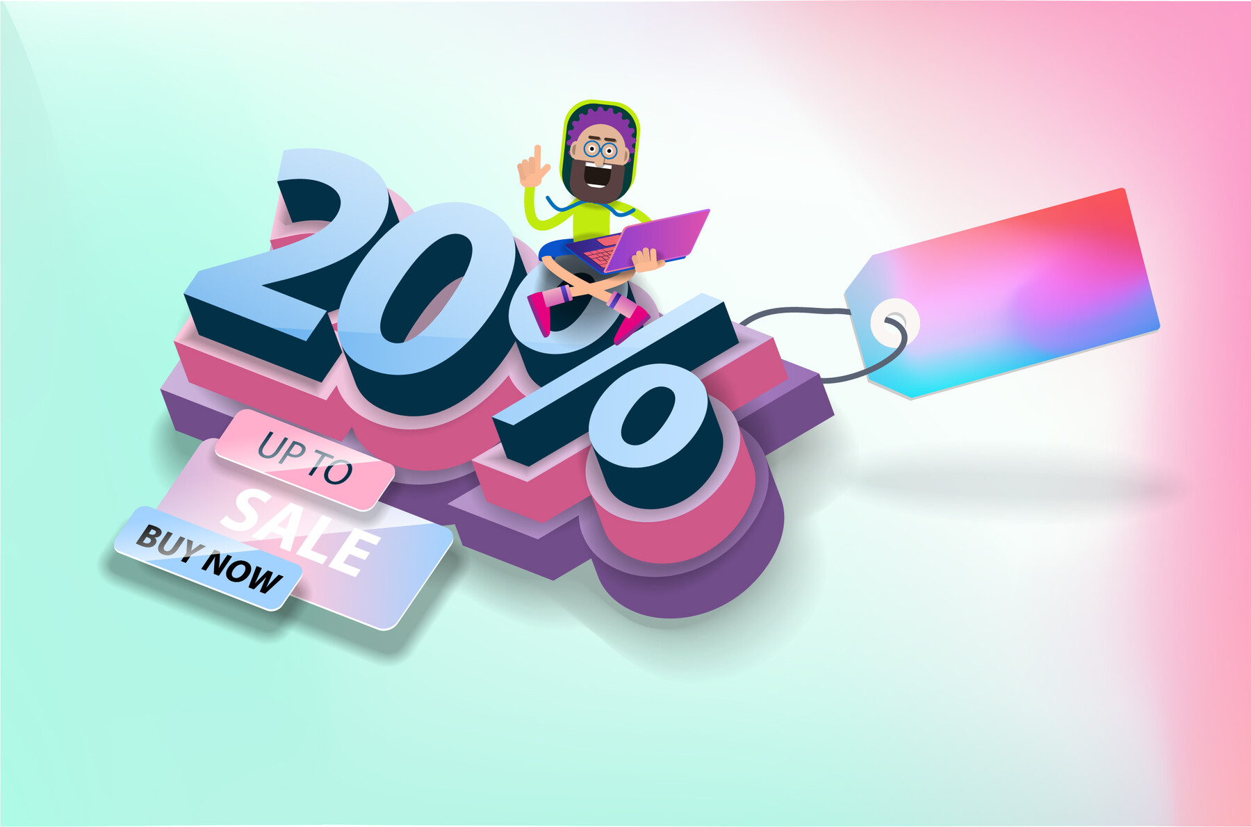 ArtStation - Cartoon man with glasses sitting on the numbers 20% ...