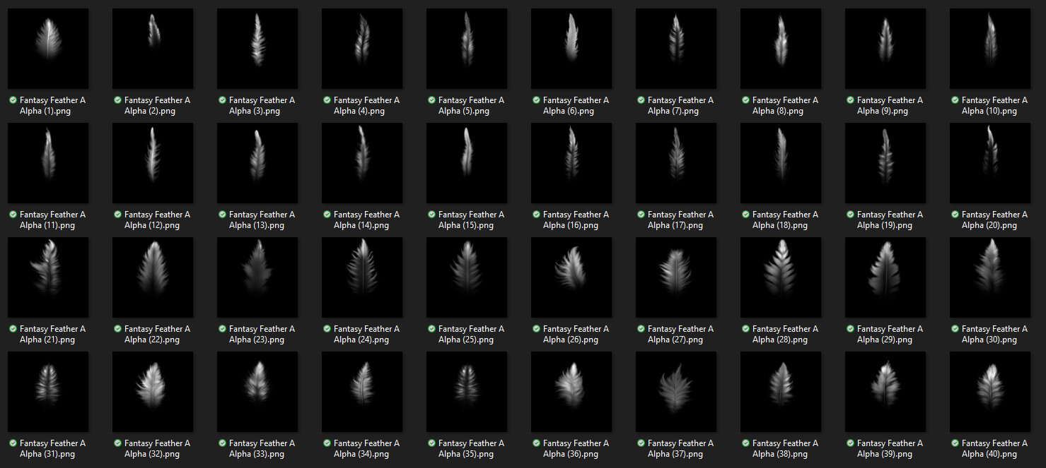 ArtStation - 40 Fantasy Feathers | Alphas, Displacement, Diffuse | Brushes