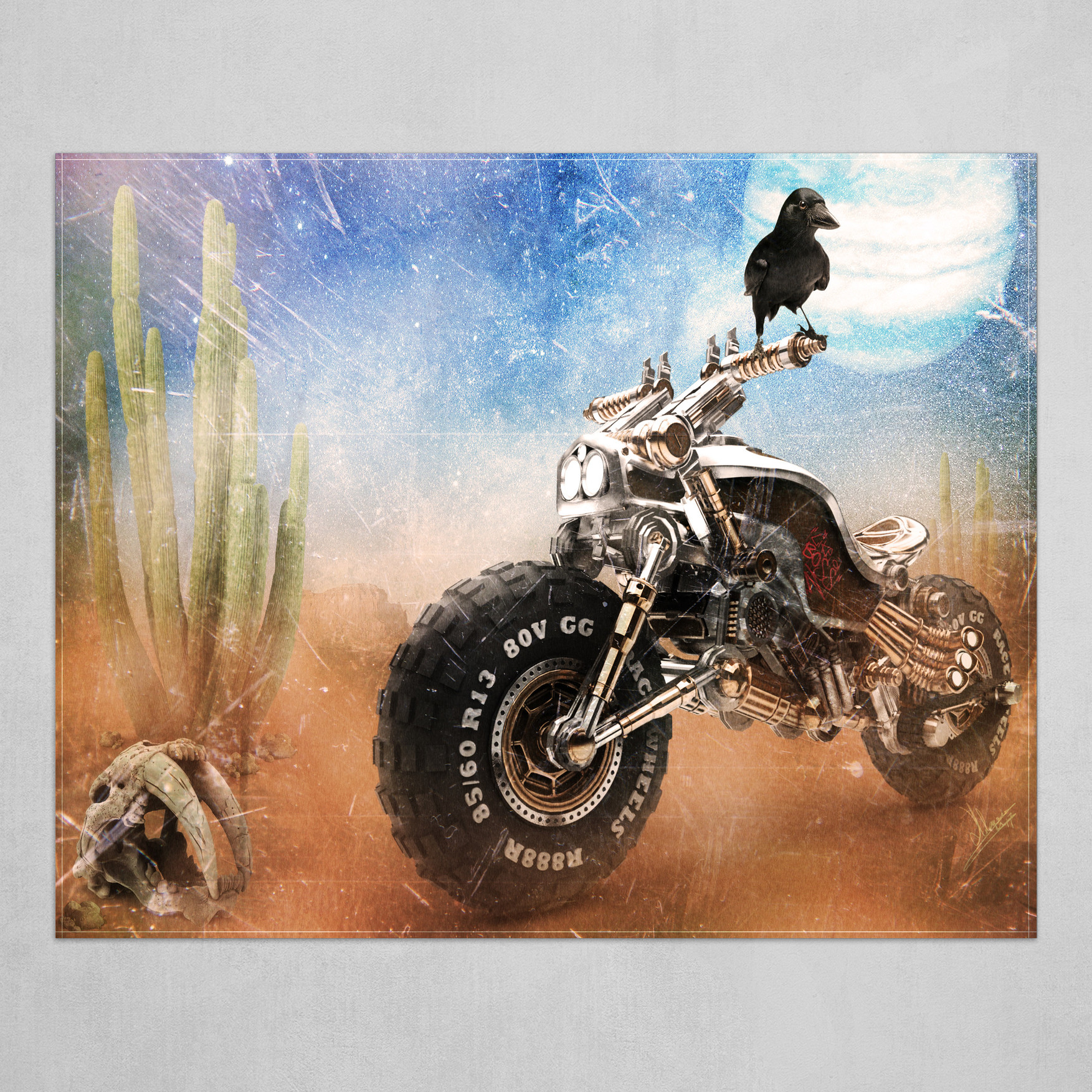 Chase Mang - Motorcycle in the desert with a crow