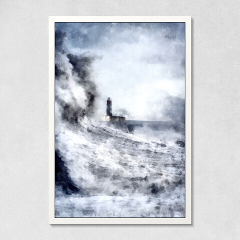 A breaking wave of a stormy ocean surrounds a lighthouse by Jean-Michel ...