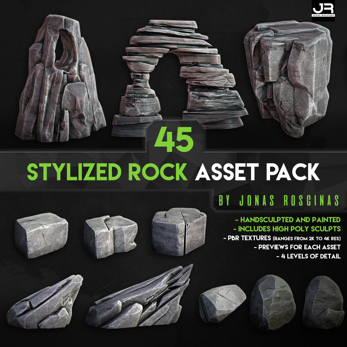 ArtStation - 45 Stylized Rock Asset Pack by JR is now available!